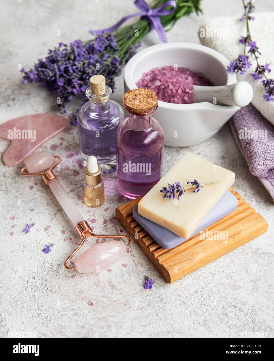 Lavender spa. Essential oils, sea salt, towels and handmade soap ...