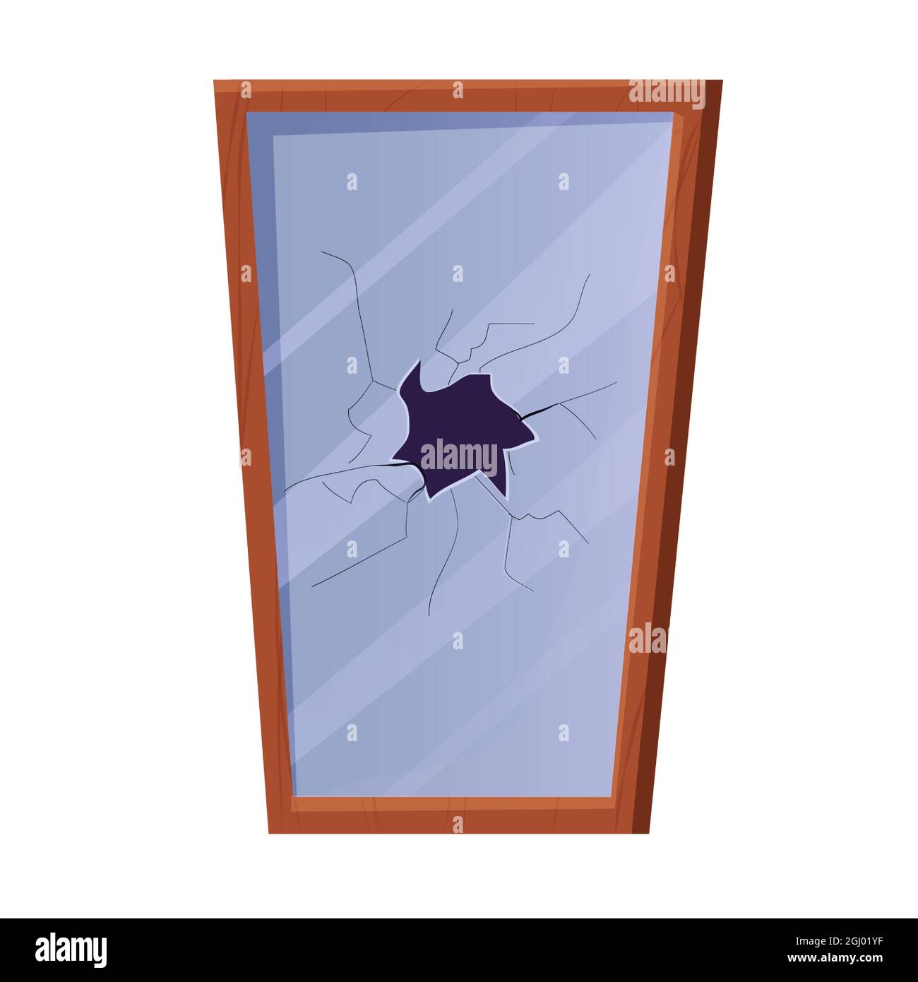 Wooden frame with broken mirror in cartoon style isolated on white ...