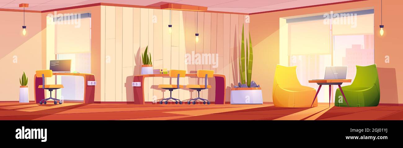 Coworking office with tables, chairs, laptops and plants. Vector ...
