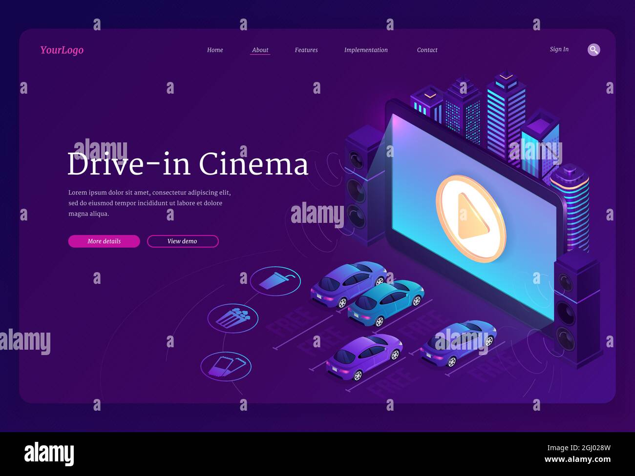 Drive-in cinema banner. Outdoor movie theater with cars on open air ...