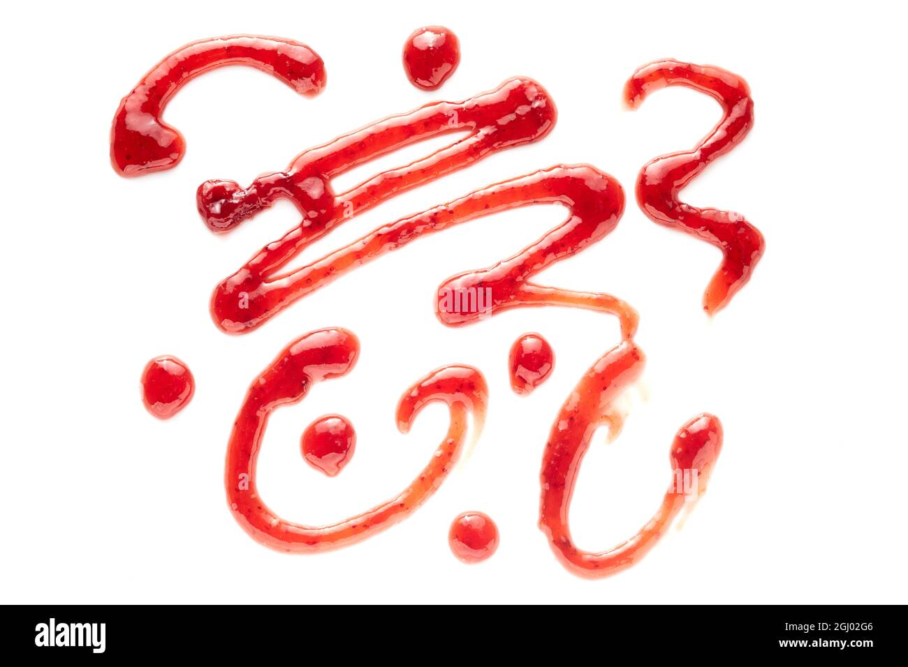 Random pattern of flowing squiggles of red jam isolated on white in an ...