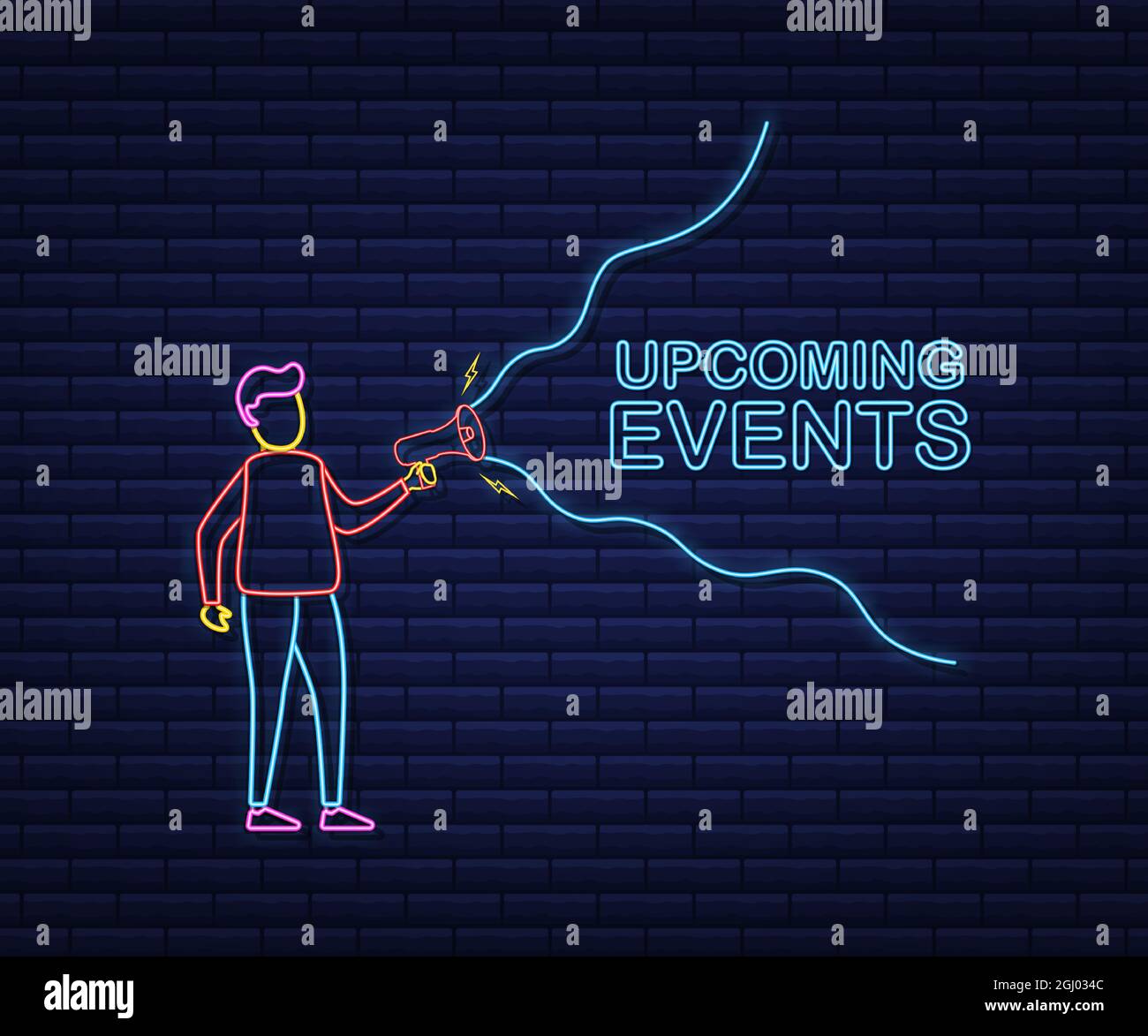 Megaphone Hand, business concept with text upcoming events. Neon icon. Vector stock illustration ...