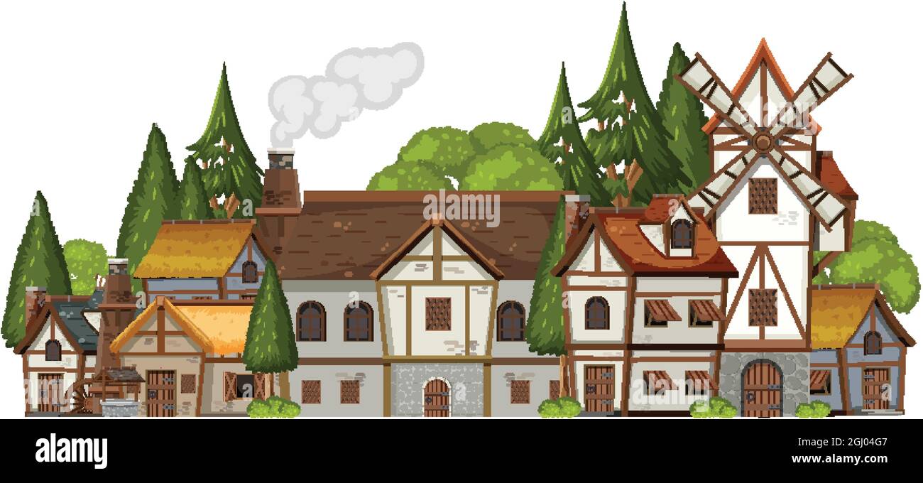 Medieval village scene on white background illustration Stock Vector ...