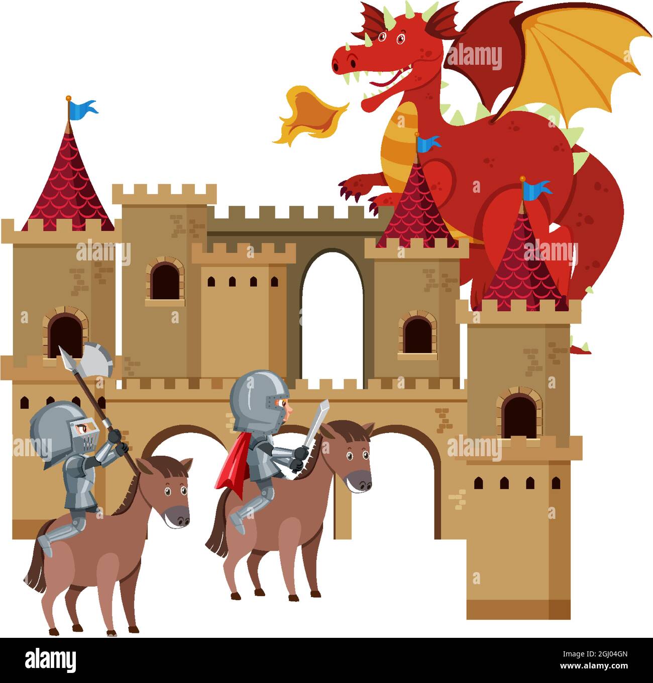 Knights fight with dragon at the castle illustration Stock Vector Image ...