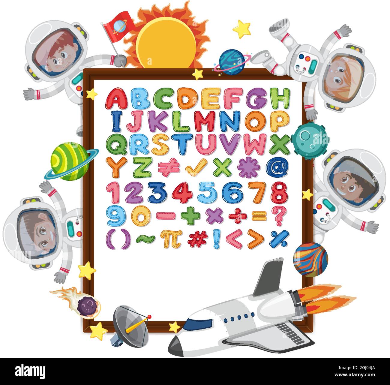 Alphabet A-Z and math symbols on a board with many kids in astronaut ...