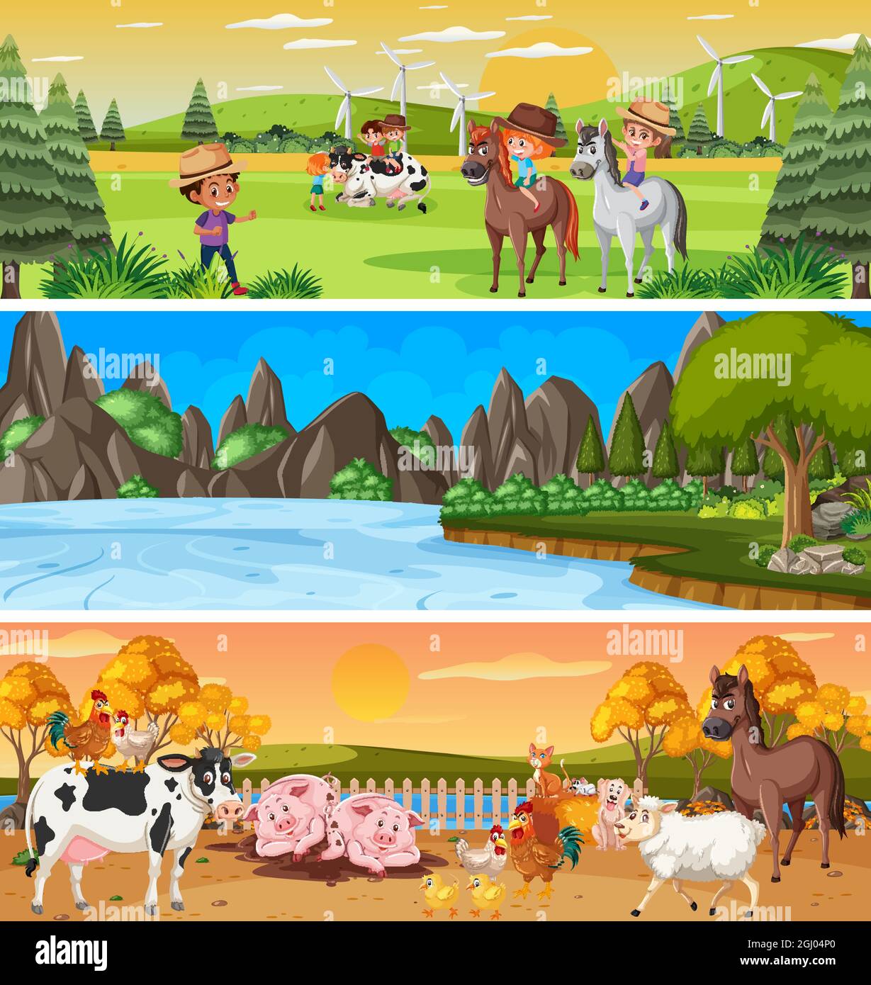 Outdoor panorama landscape scene set with cartoon character ...