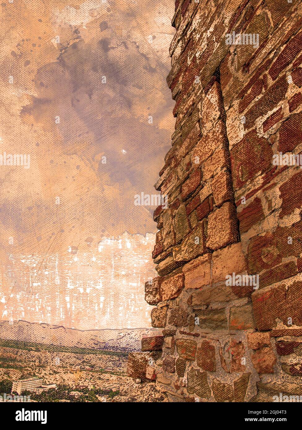 An ancient ruined stone wall against the sky. Defensive outer ci Stock ...