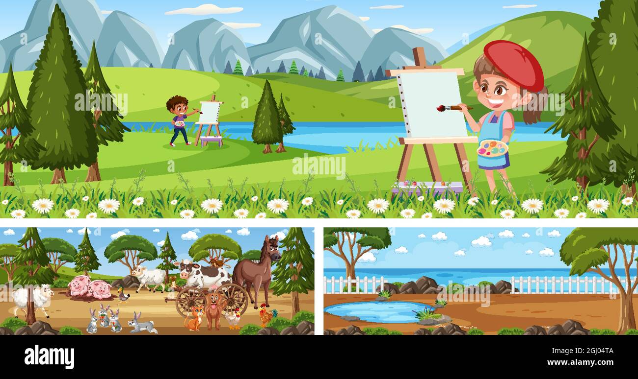 Set of different outdoor panoramic landscape scenes with cartoon ...