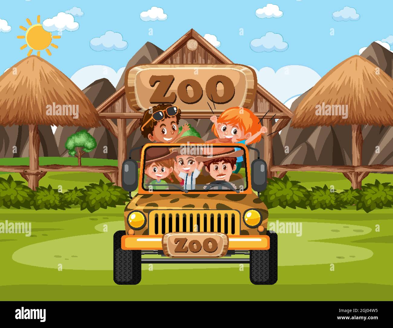 Children on tourist car explore in the zoo scene illustration Stock ...