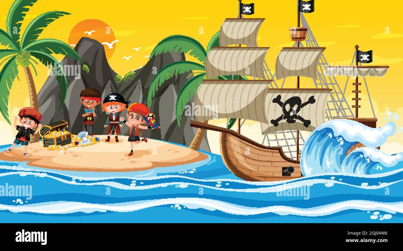 Treasure Island scene at sunset time with Pirate kids illustration ...