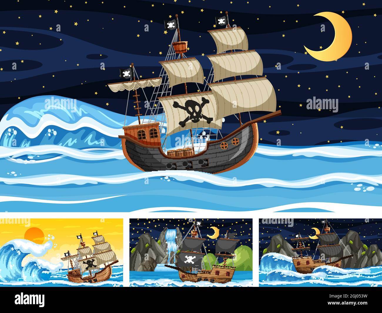 Set of Ocean with Pirate ship at different times scenes in cartoon ...