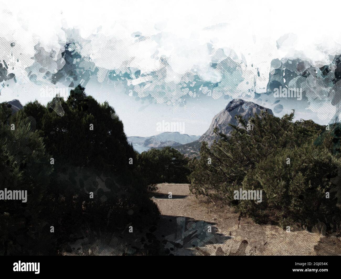 Digital watercolor painting Golitsyn Trail Track. A juniper grov Stock ...