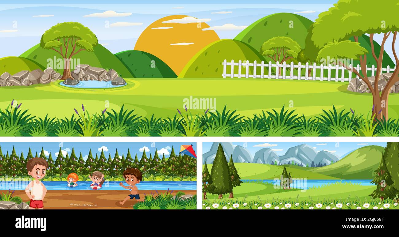 Set of different outdoor landscape scenes with cartoon character ...