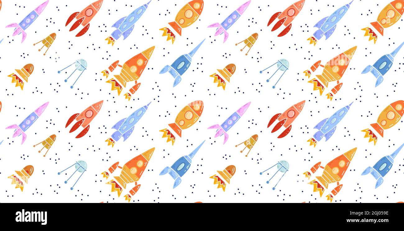 Seamless pattern with cartoon contour space ships and ufo flying ...