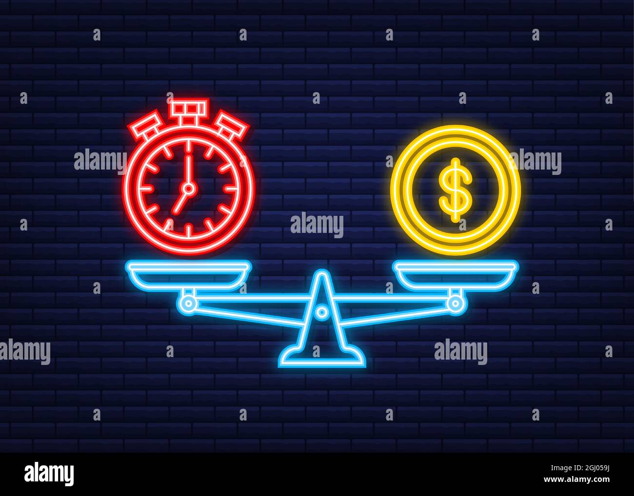 Time is money on scales icon. Neon icon. Money and time balance on ...