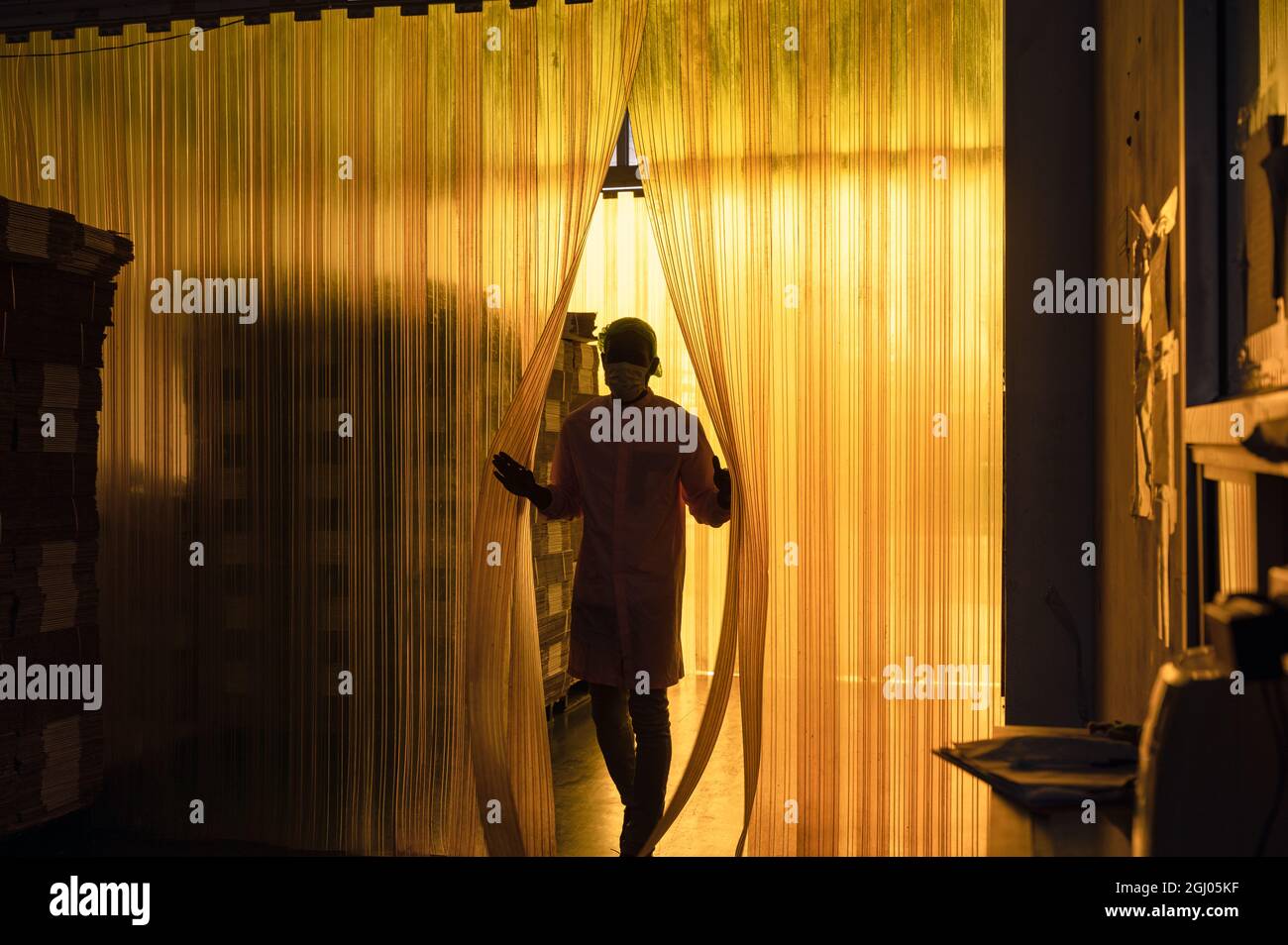 African male worker opening plastic curtain into cardboard package ...