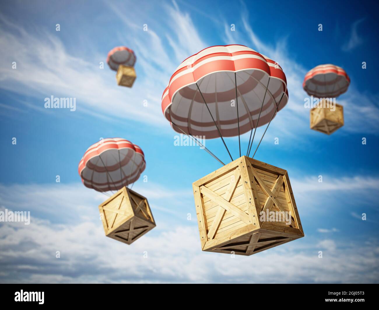 Wooden crates in the sky being delivered with parachutes. 3D ...