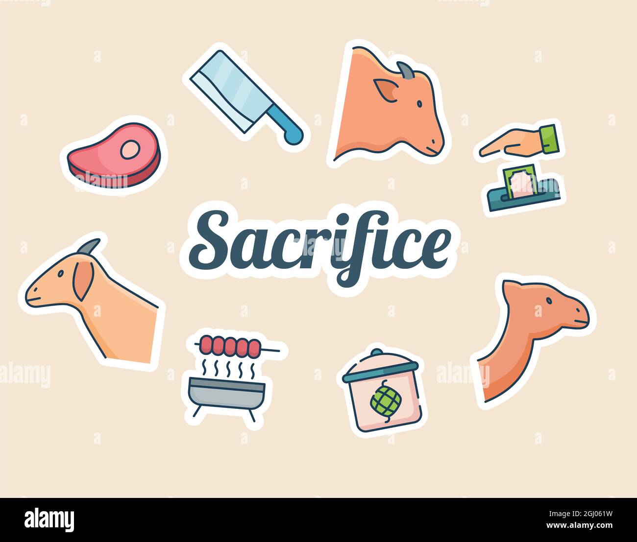 sacrifice lettering around set icons package light brown isolated ...