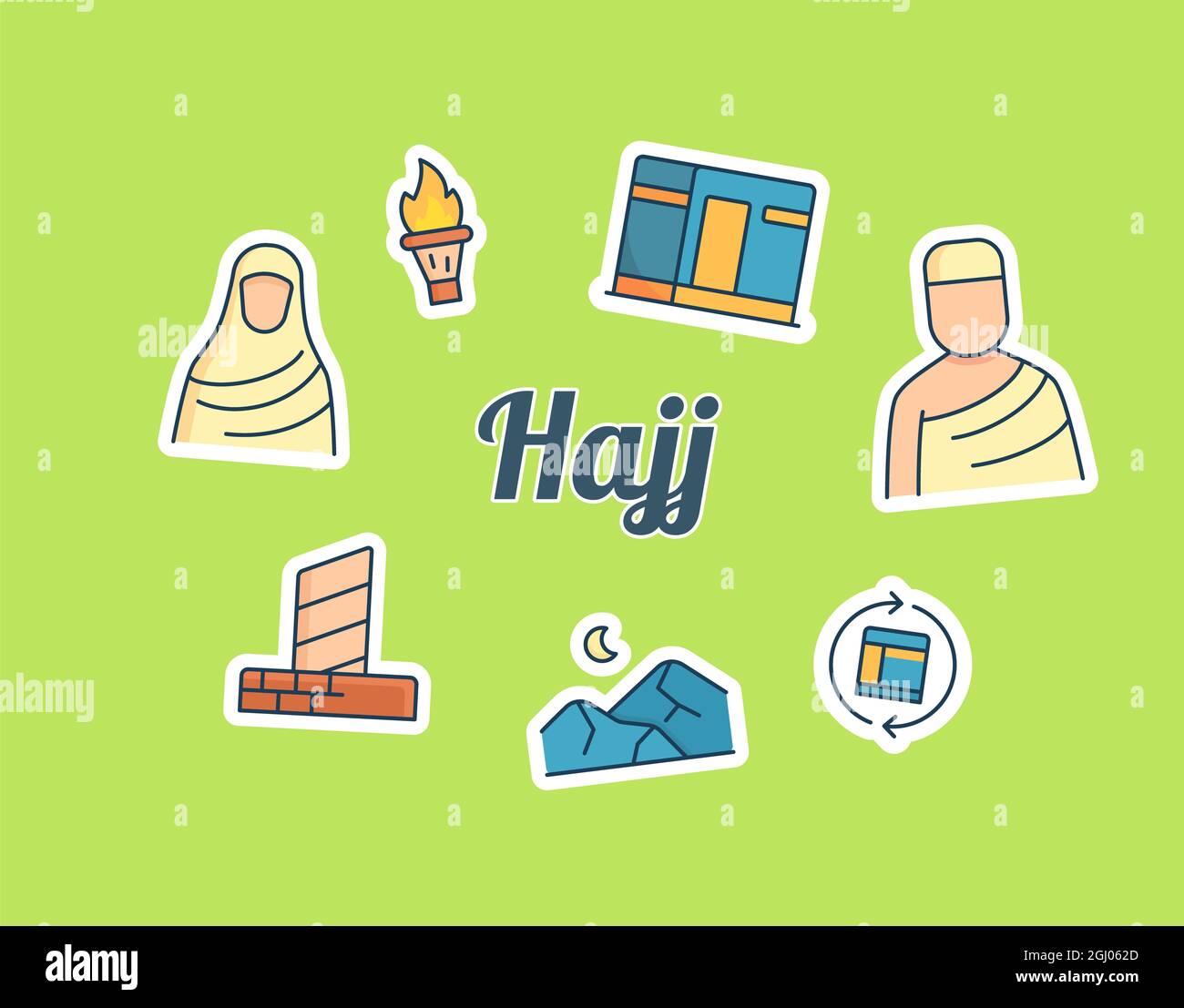 hajj lettering around set icons package green isolated background with ...