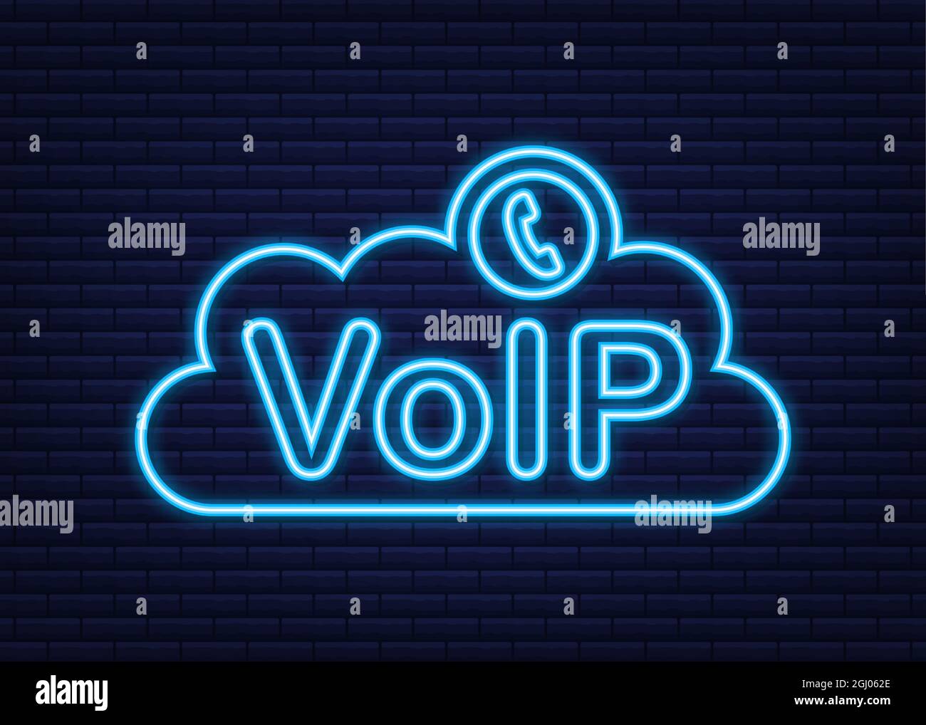 VoIP technology, voice over IP. Internet calling banner. Neon icon ...