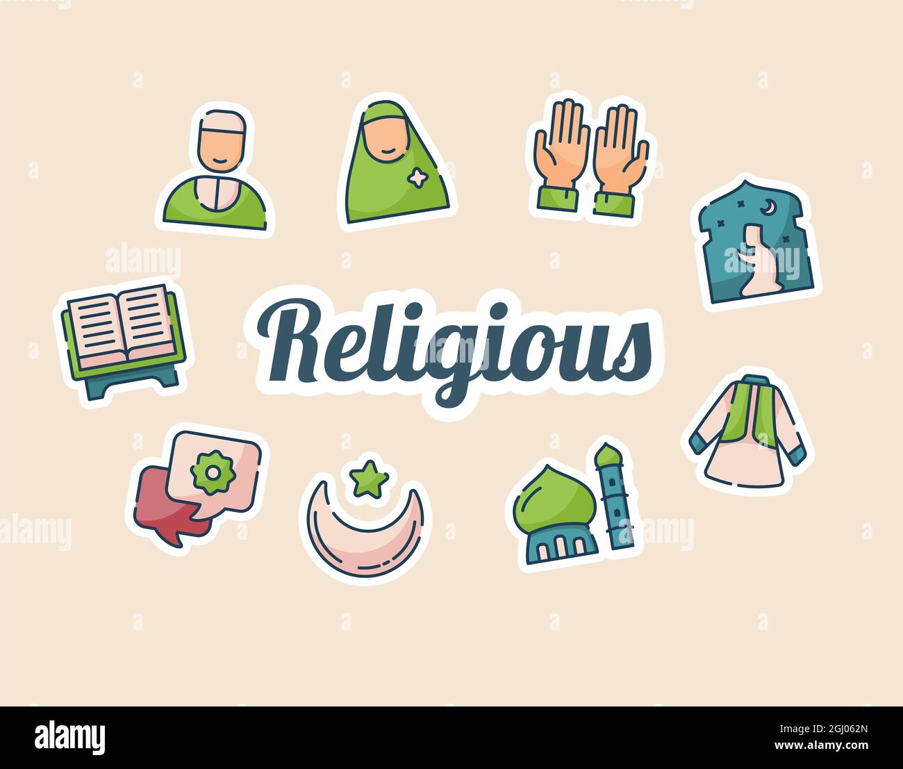 religious lettering around set icons package light brown isolated ...