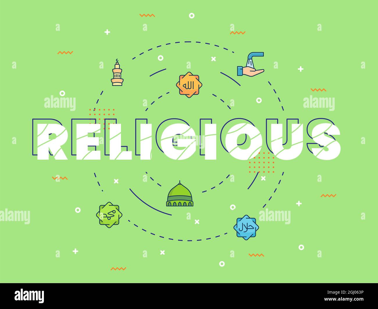 religious lettering around circle set icons package green isolated ...