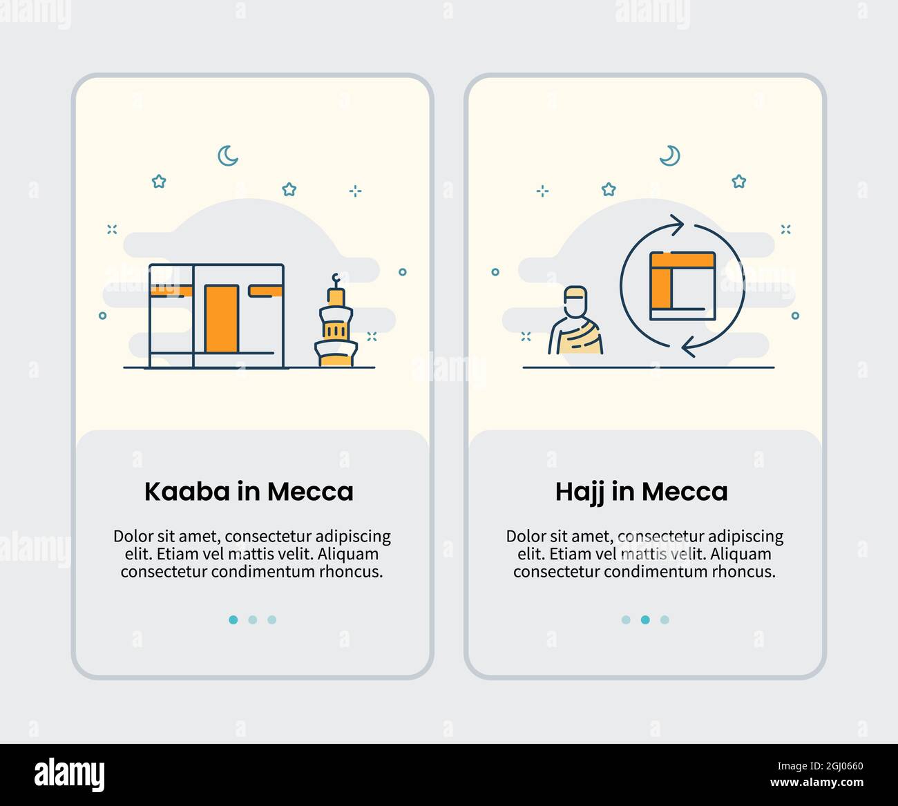 kaaba in mecca and hajj in mecca icons onboarding template for mobile ...
