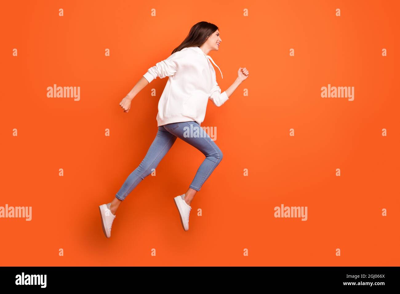 Full length body size profile side view of pretty motivated cheerful ...