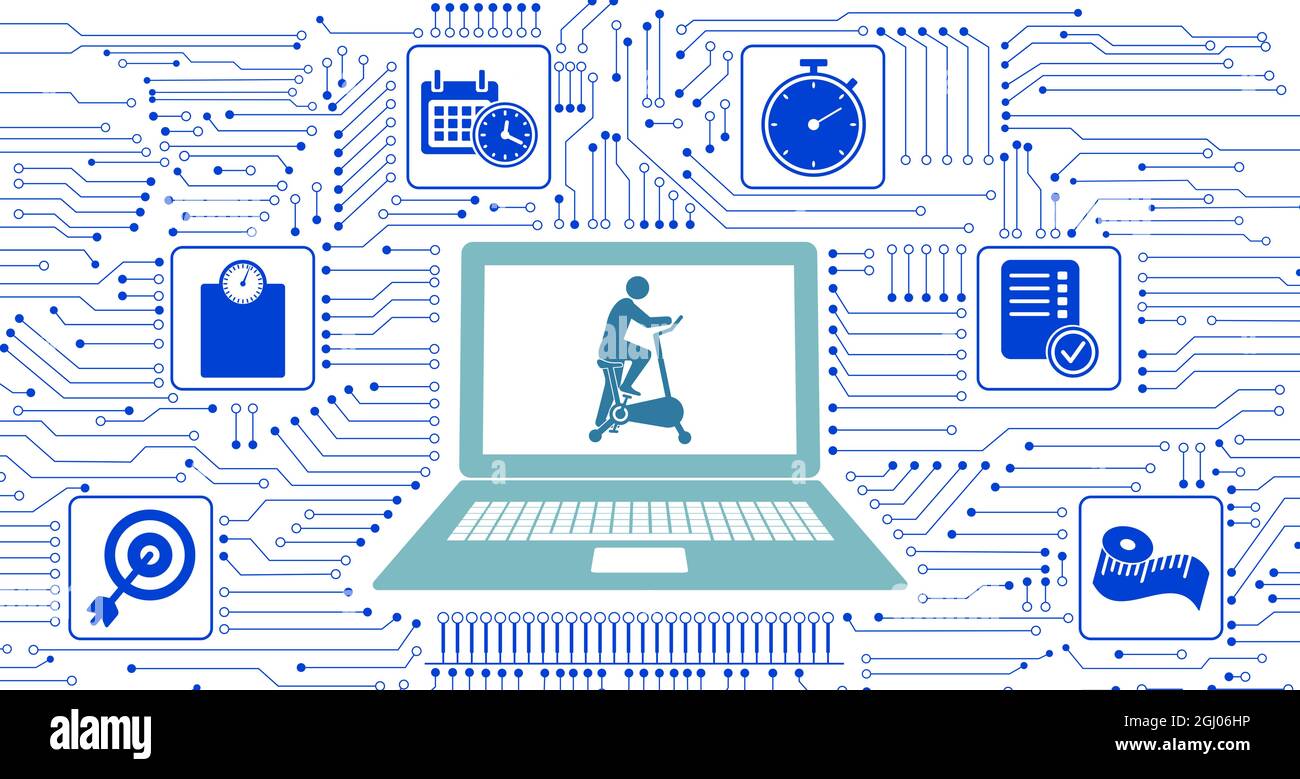Concept of workout with icons integrated in circuit Stock Photo - Alamy