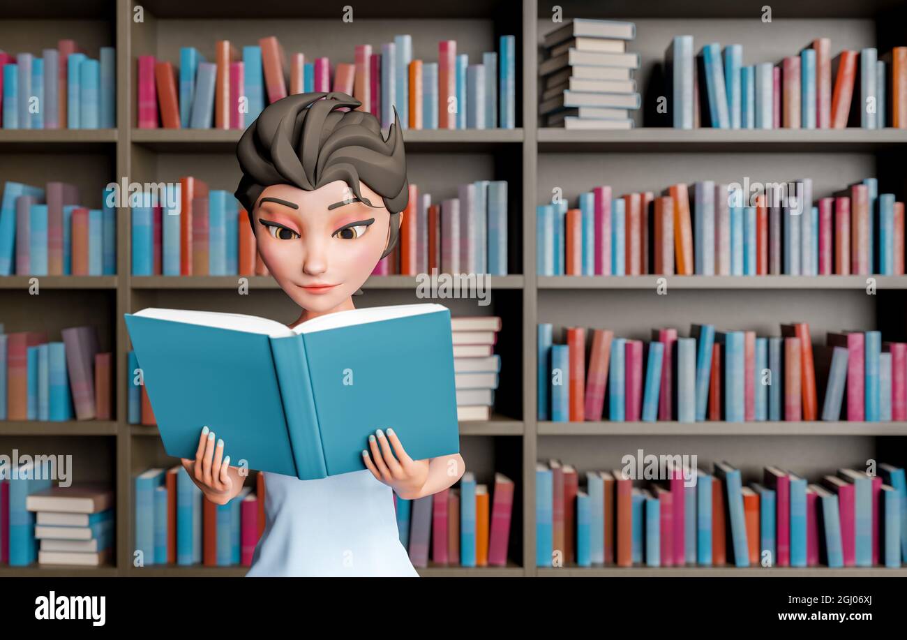 3d female character reading a book with a shelf full of books in the ...