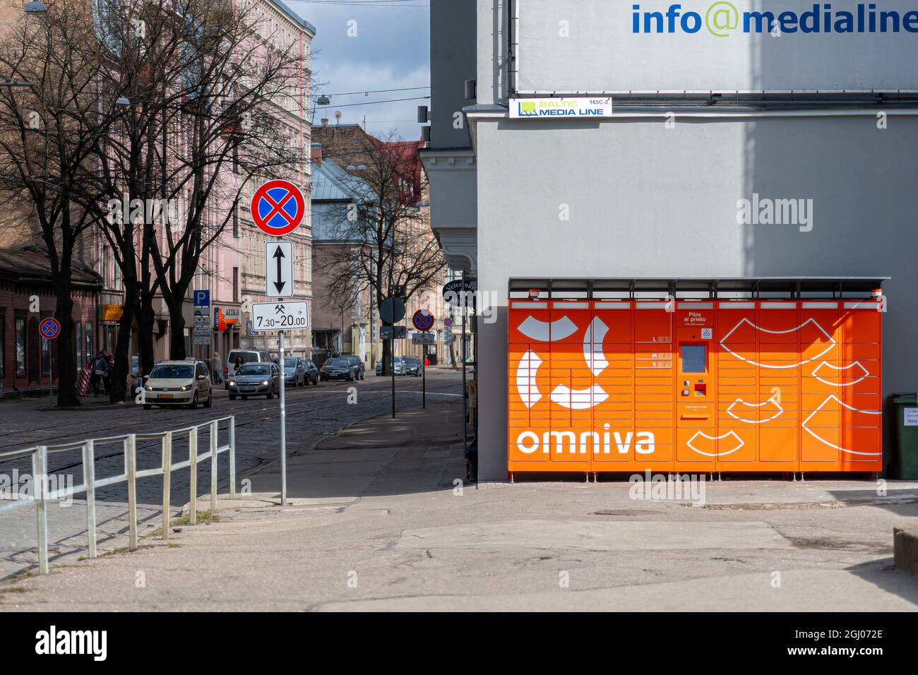 Riga, Latvia - 7 April, 2021:Omniva terminal for automatic parcel ...