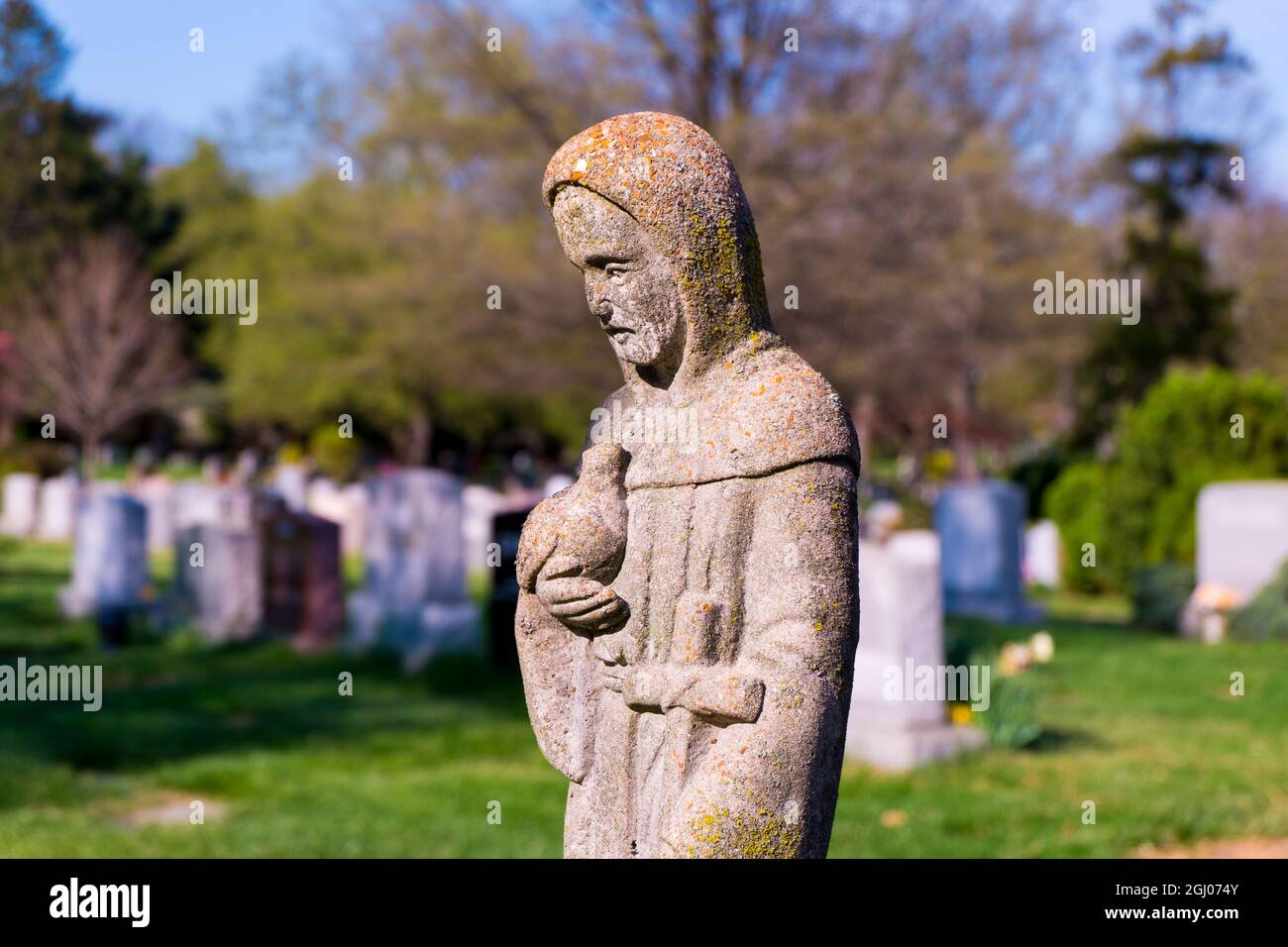 A stone statue of Jesus with a bird in a graveyard, cemetery. In ...