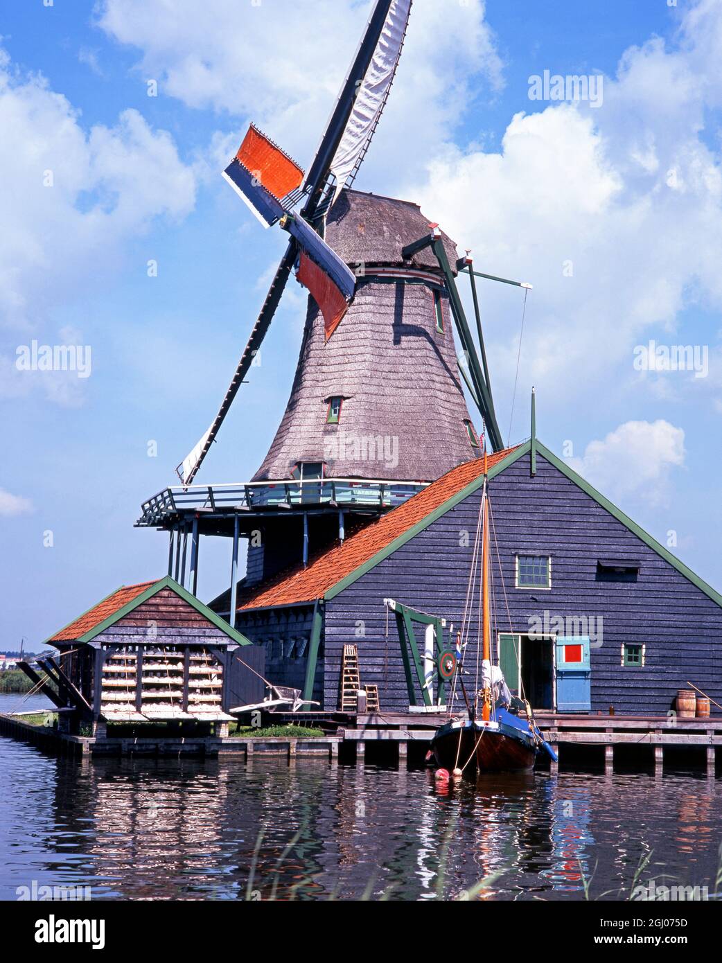 Windmill & Boat at Zaans Schans, Holland, Netherlands, Europe Stock ...