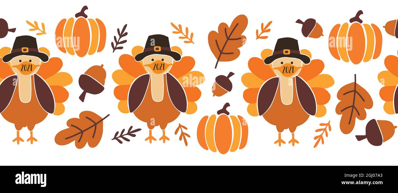 Thanksgiving Turkey wearing a face mask Seamless Vector Border. Autumn ...