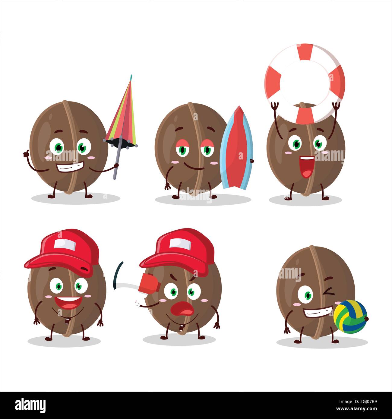 Happy Face walnuts cartoon character playing on a beach. Vector ...