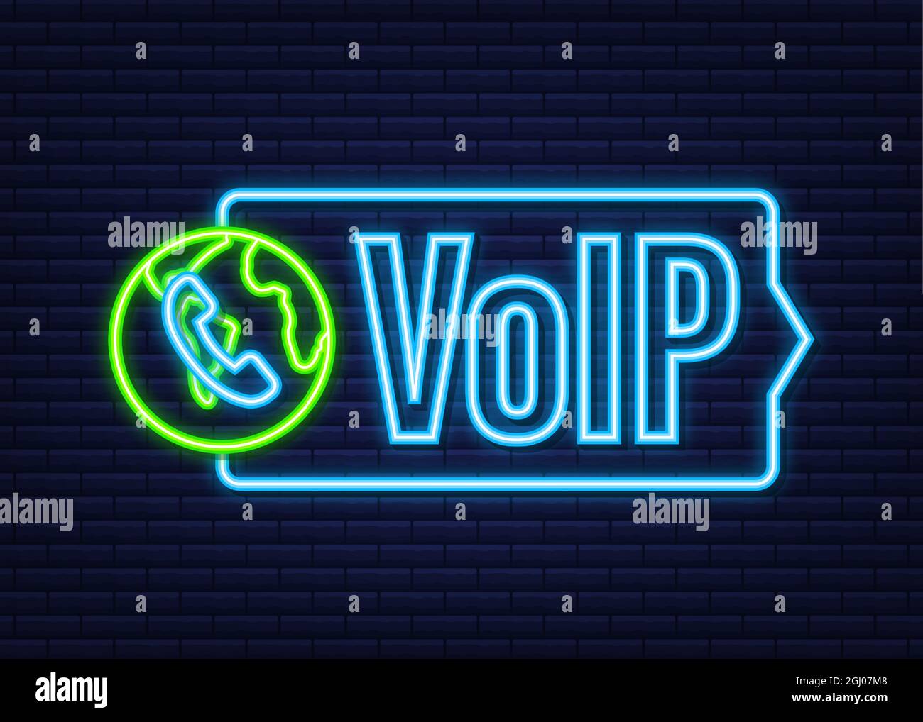 VoIP technology, voice over IP. Internet calling banner. Neon icon ...