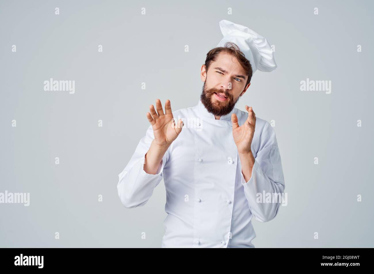 male cook Chef uniform Cooking emotions isolated background Stock Photo ...