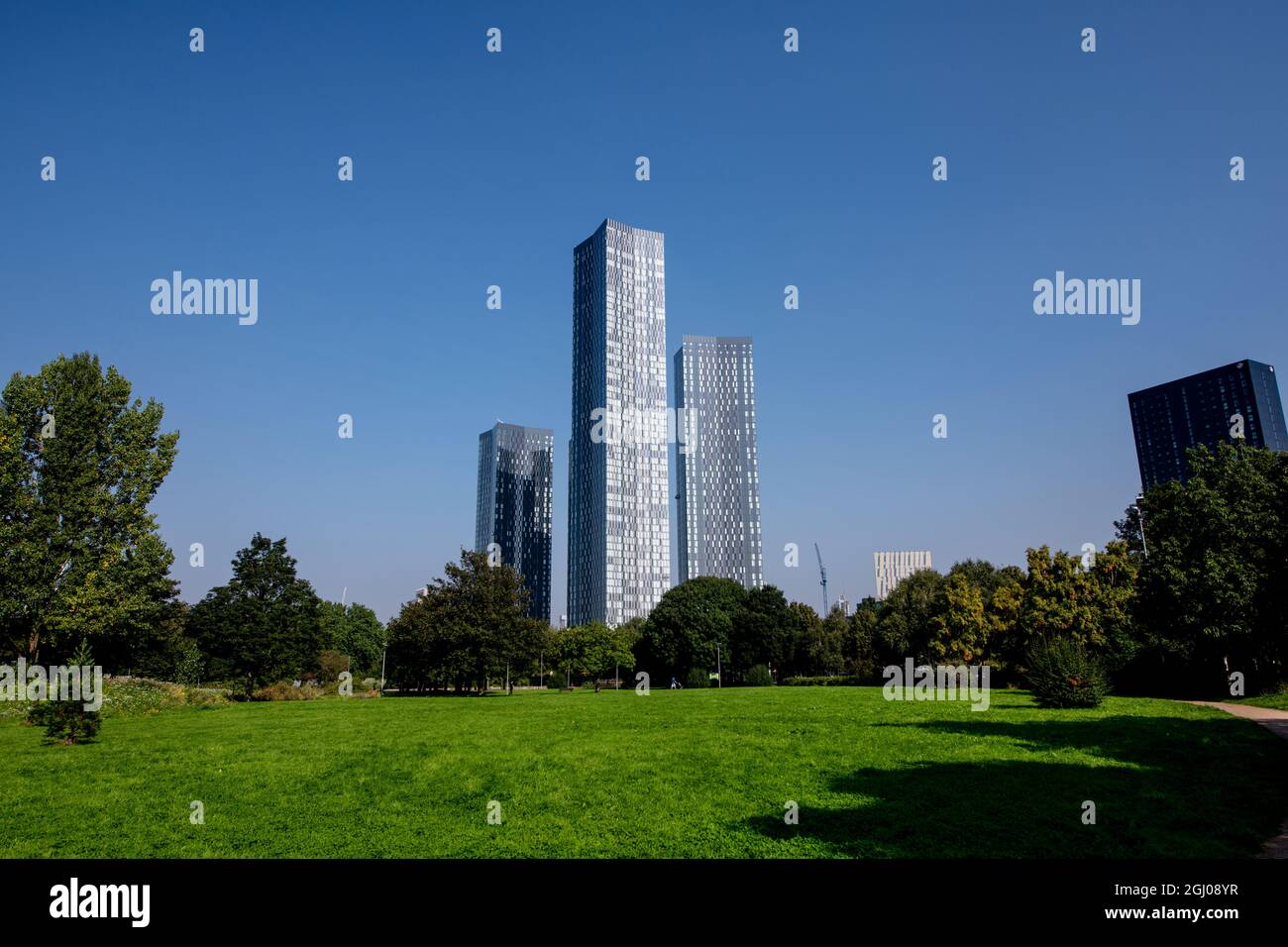The Deansgate Square Skyscraper Cluster as seen from Hulme Park Stock ...