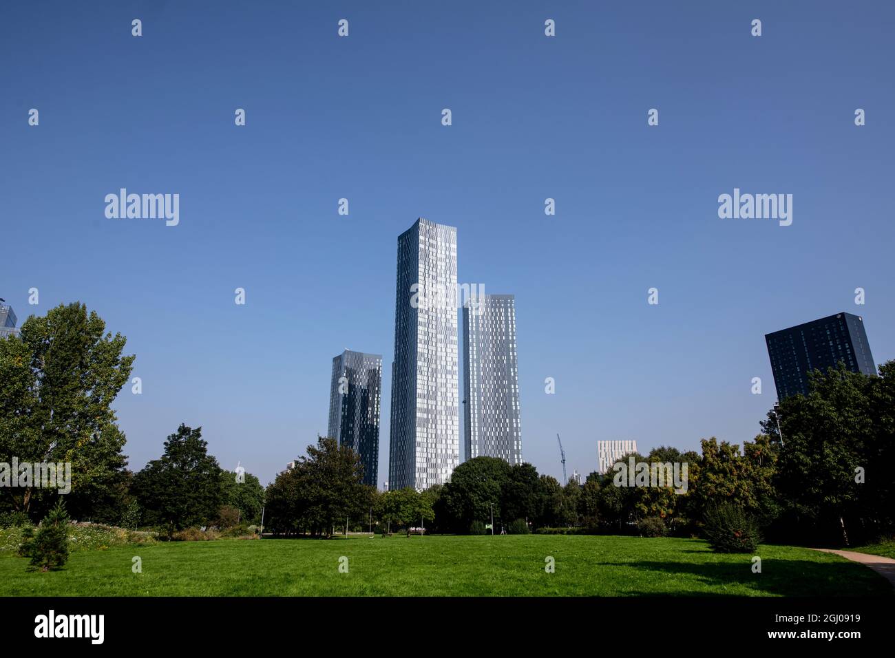 The Deansgate Square Skyscraper Cluster as seen from Hulme Park Stock ...
