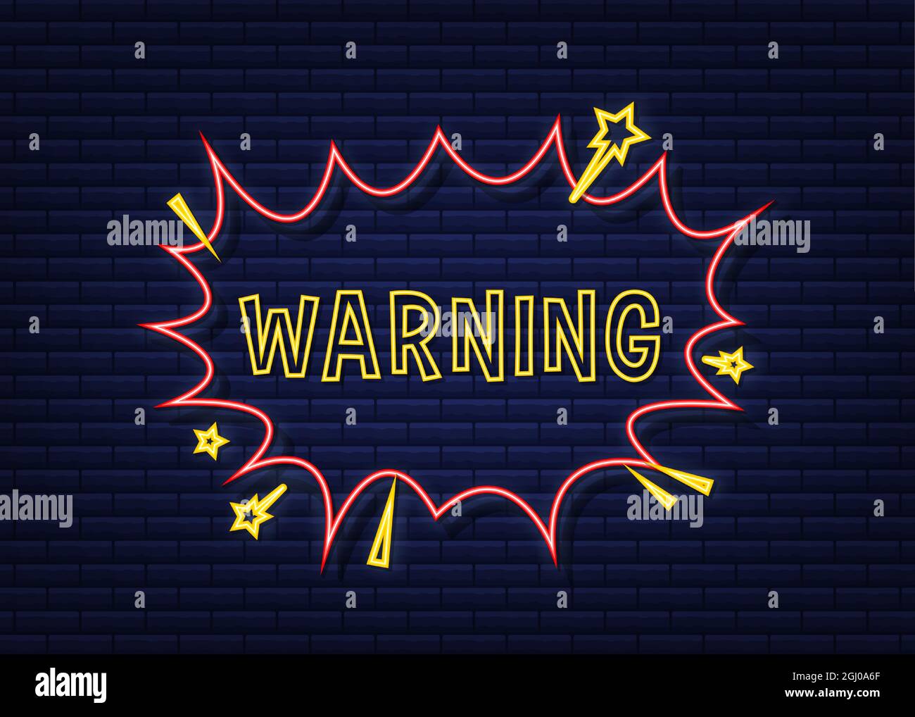 Comic speech bubbles with text warning. Neon icon. Symbol, sticker tag ...