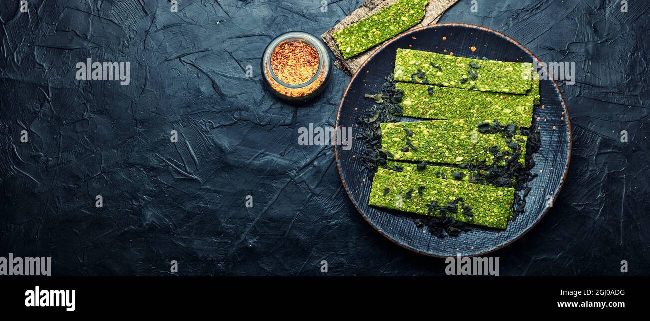 Seafood multi snack from kelp and spirulina. Algae chips. Vegan food ...