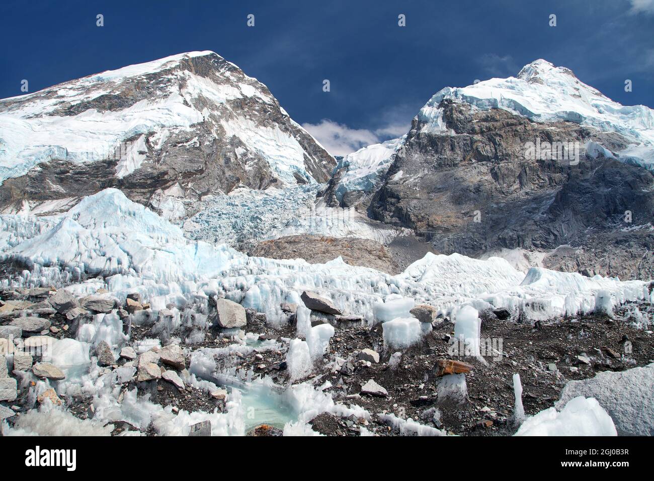 view from Everest base camp to west rock face of Nuptse peak and Khumbu ...