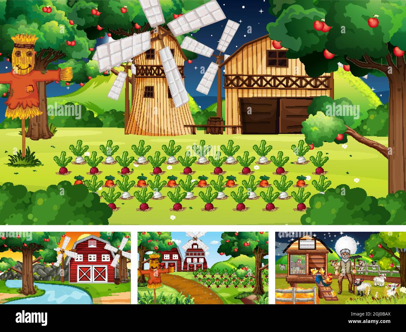Four different farm scenes with animals illustration Stock Vector Image ...