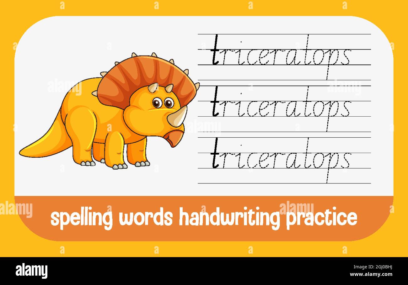 Spelling words dinosaur handwriting practice worksheet illustration ...