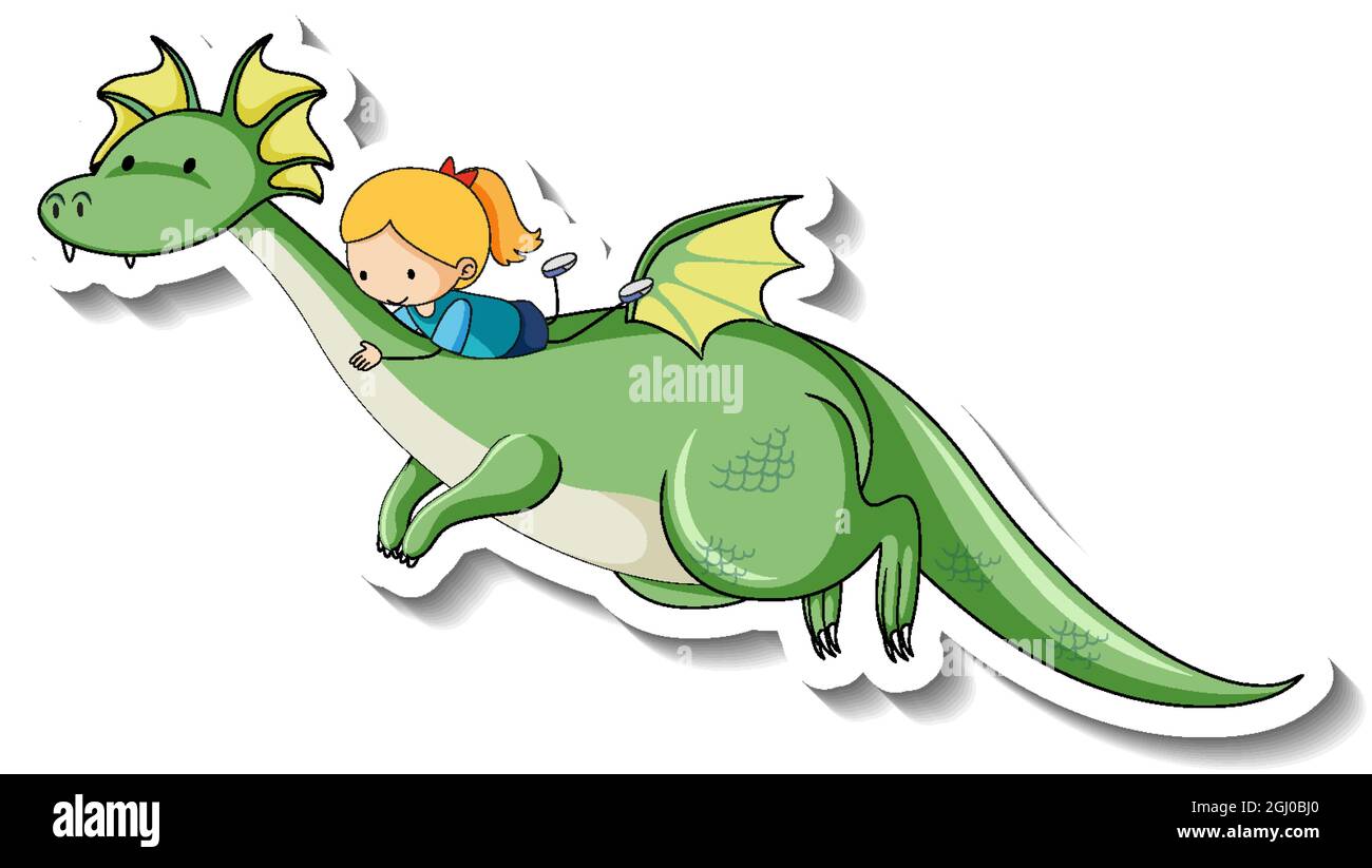 Sticker template with a little girl riding a fantasy dragon ...