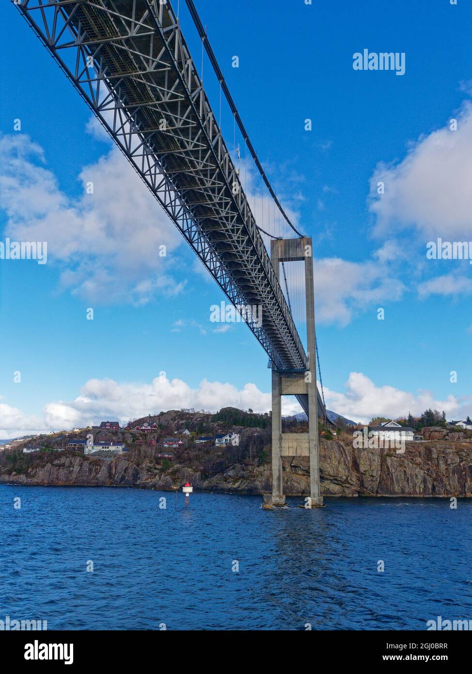 The underside of the Sotra suspension Bridge spanning Knarreviksundet ...