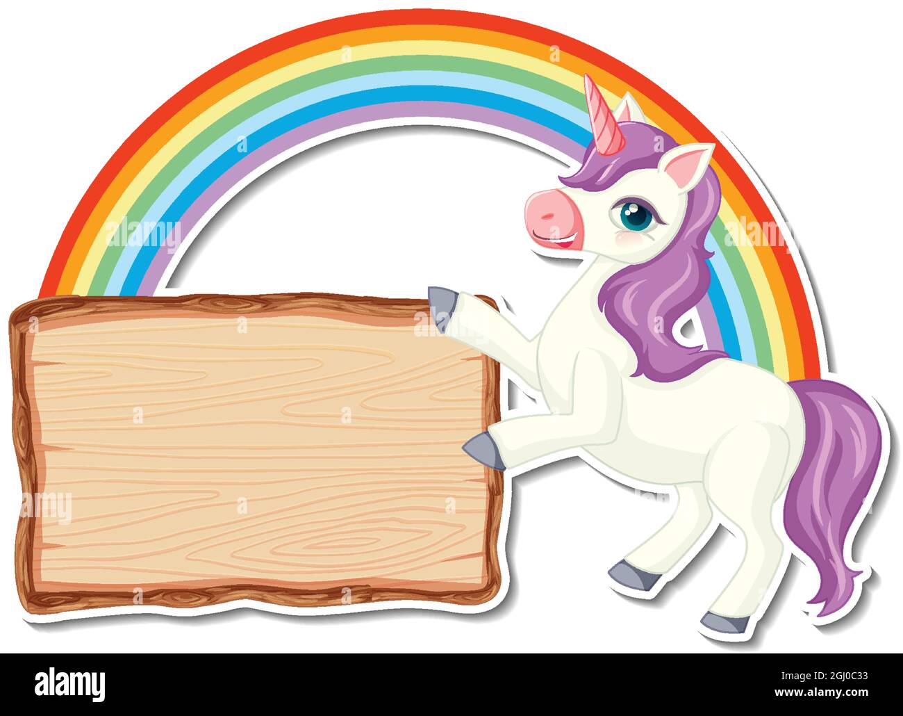 Cute unicorn stickers with blank wooden banner template illustration ...