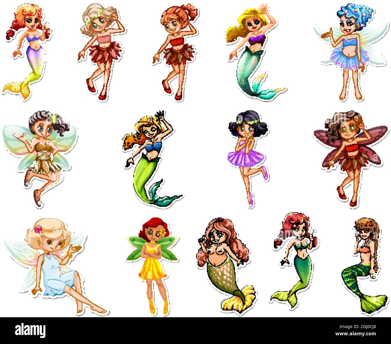 Set Of Stickers With Beautiful Fairies And Mermaid Cartoon Character set-of-stickers-with-beautiful-fairies-and-mermaid-cartoon-character