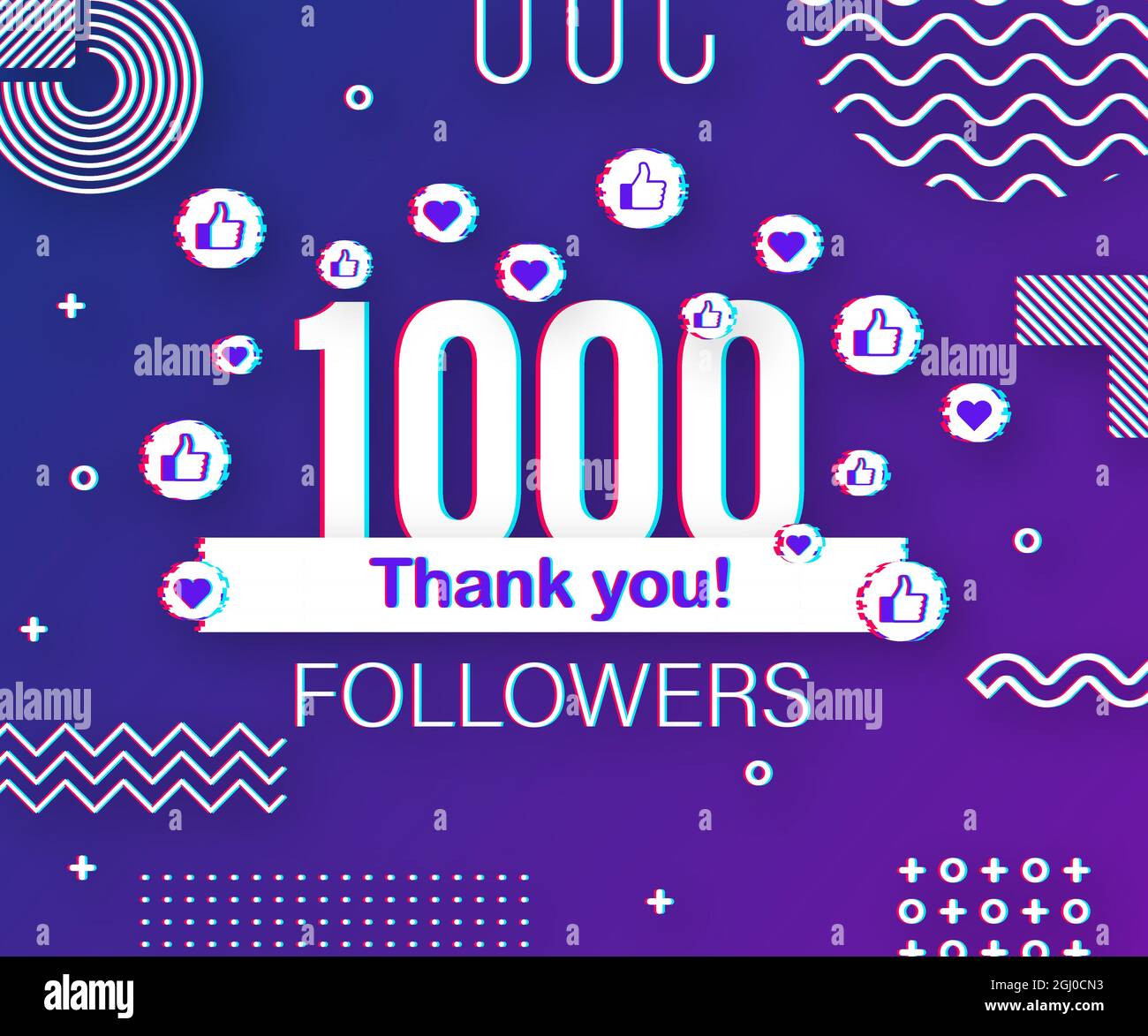Thank you 1000 followers numbers. Glitch style banner. Congratulating ...