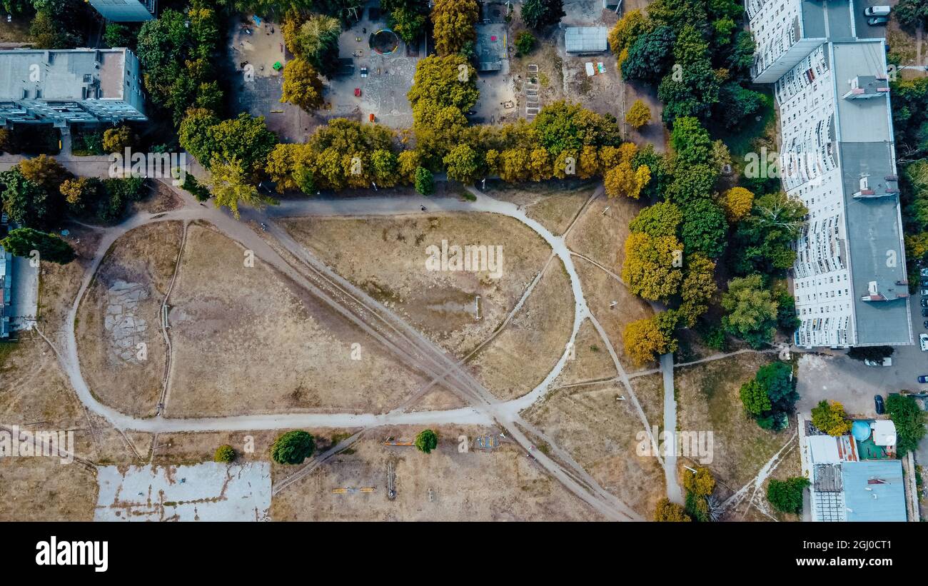 Abandoned Old football stadium. Soccer at dirty field. Areal view Stock ...